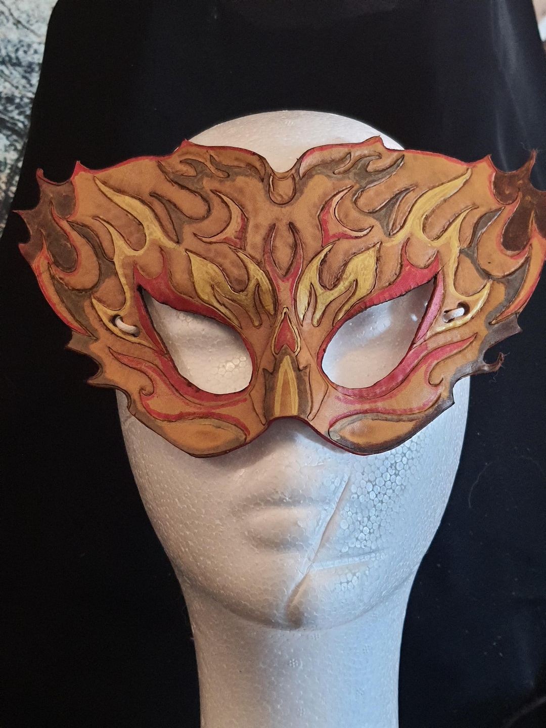 Leather Hand Tooled Hand Painted Flame Fire Mask. New. OOAK ...