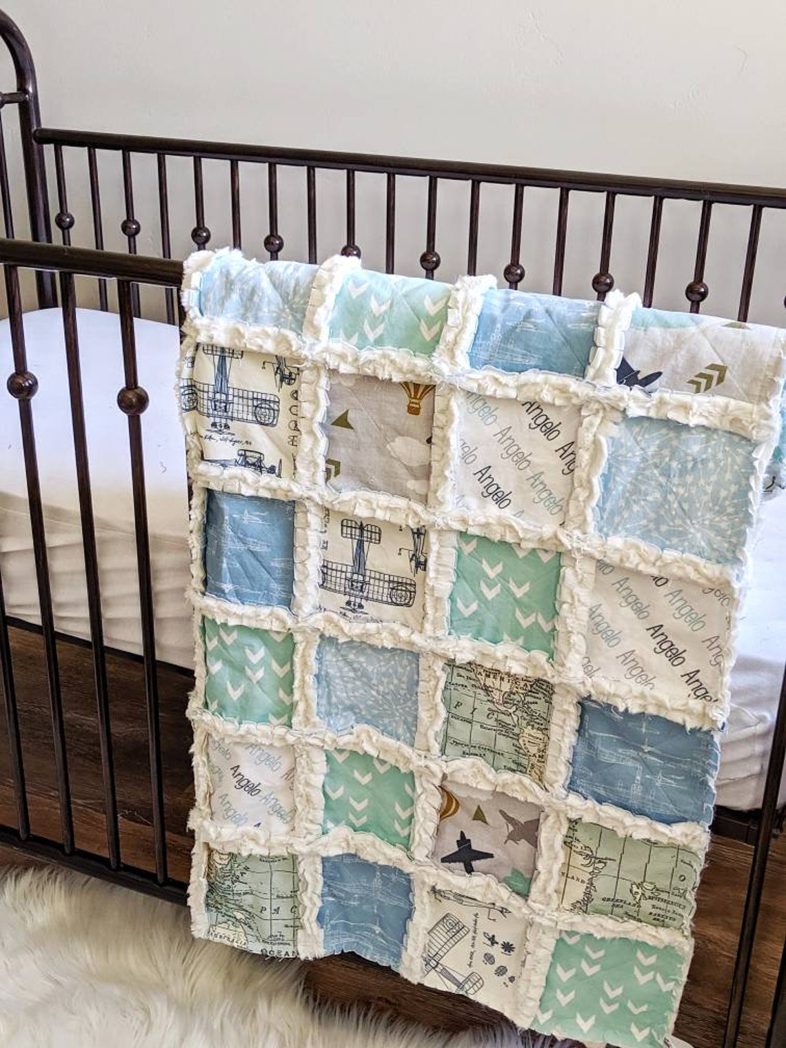 Vintage Aviation Minky Rag Quilt With Mint and Light Blue Air | Etsy