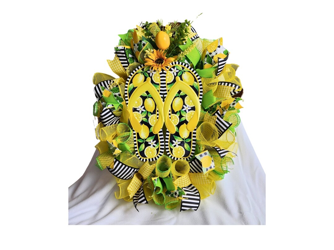 Lemon Flip-flop Summer Wreath, Handmade Yellow and Green Front Door ...