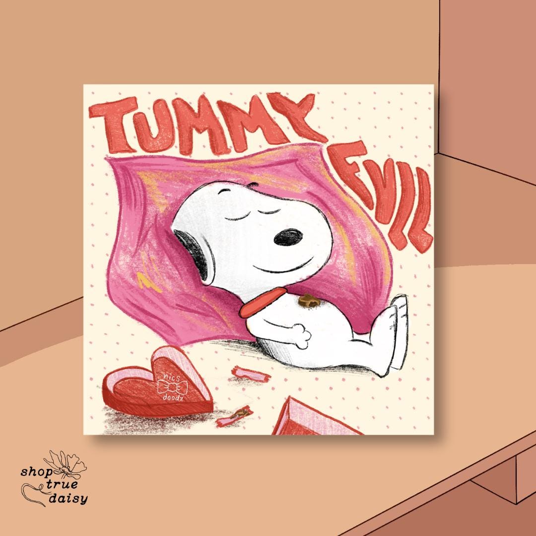 Adorable Snoopy Tummy Full 8x8 Art Print - Cute Peanuts Illustration ...