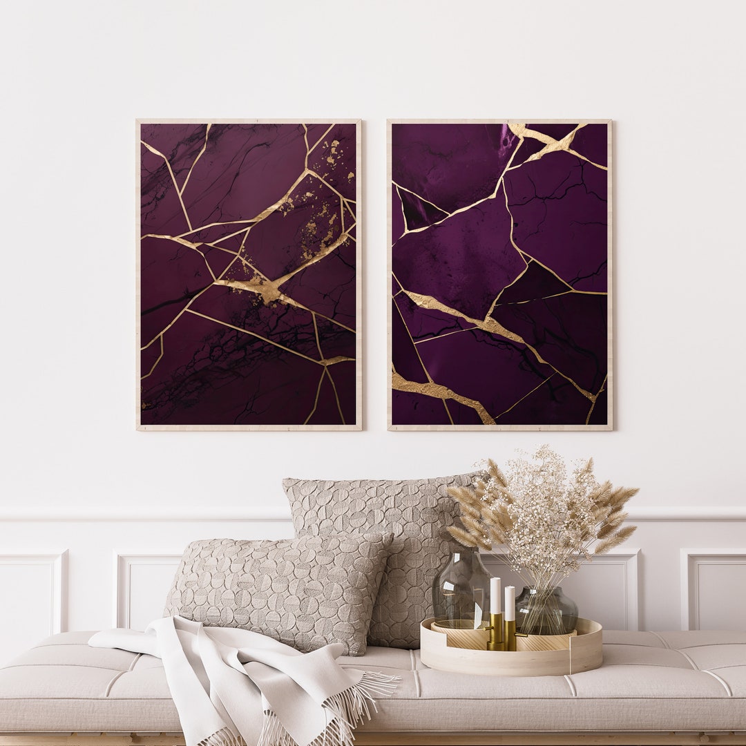Kintsugi Art Set of 2 Dark Purple and Gold Classy Design Dark Purple ...