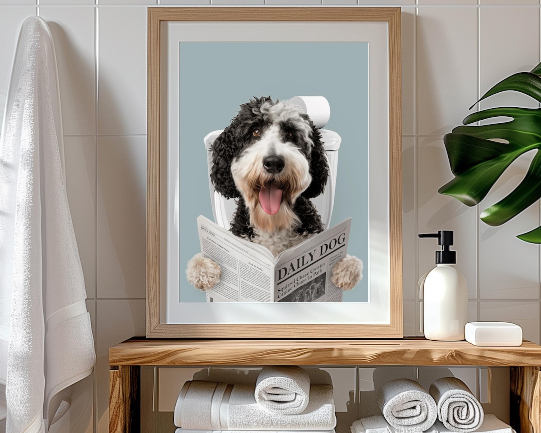 Bathroom Dog Art, Funny Pet Poster, Dog Reading Newspaper on Toilet ...