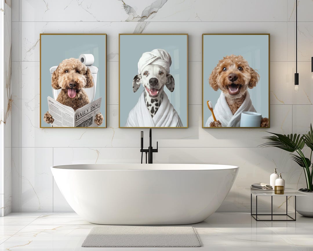 Dog Bathroom Portrait, Custom Pet Portrait, Dog Reading Newspaper on ...