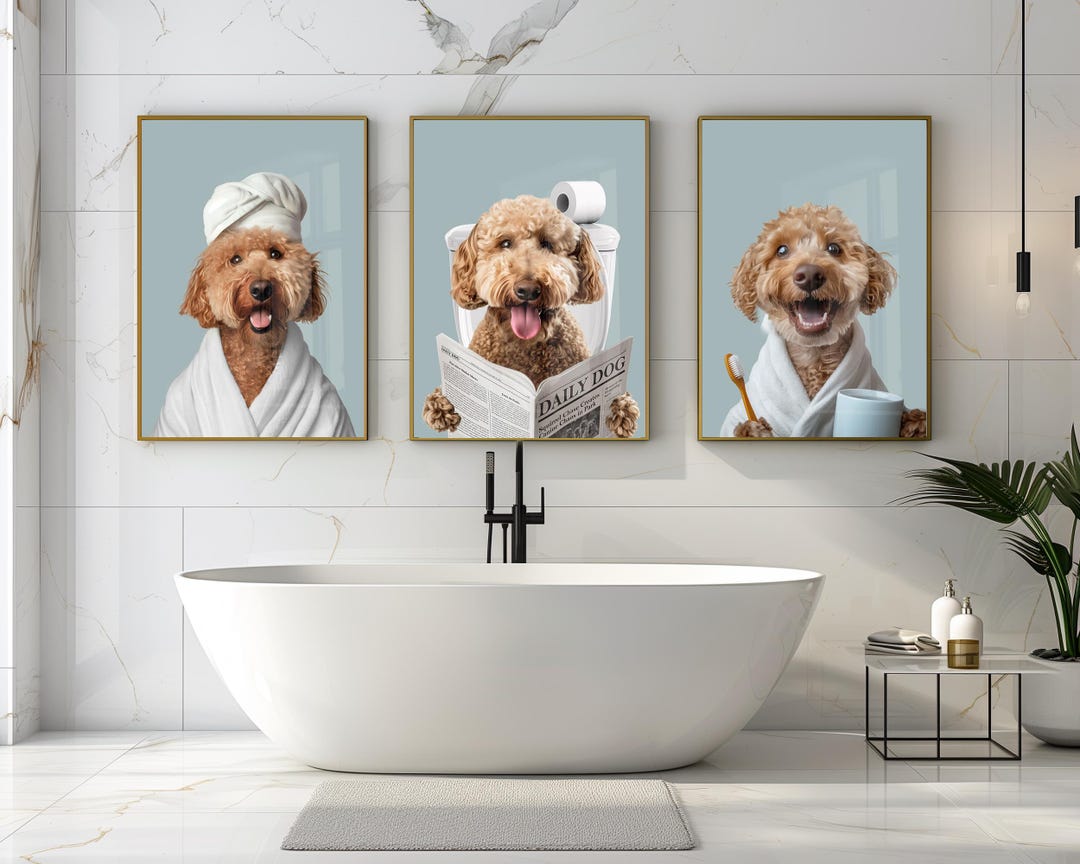 Dog Bathroom Art, Custom Pet Portrait, Dog Reading Newspaper on Toilet ...