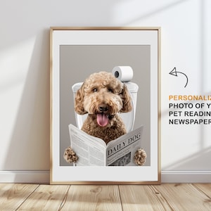 Dog Reading Newspaper on Toilet, Custom Pet Portrait, Funny Bathroom ...
