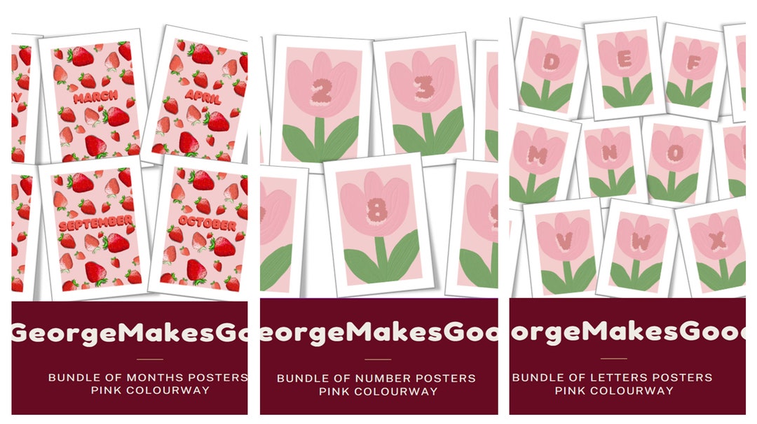 Months, Numbers, and Alphabet Posters in Pink for Decoration and ...