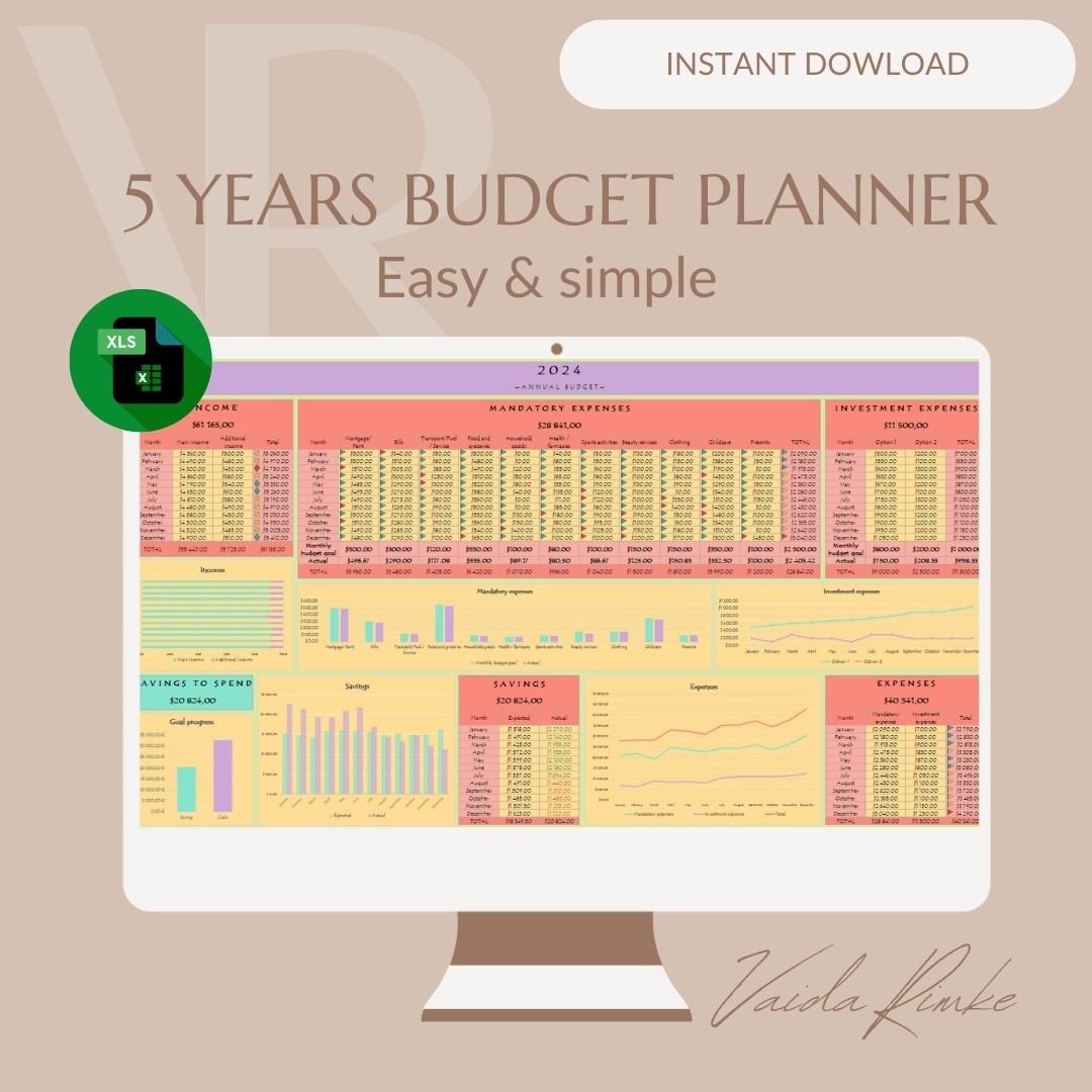 5 Year Excel Budget Planner Spreadsheet, Financial Tracker, Yearly ...