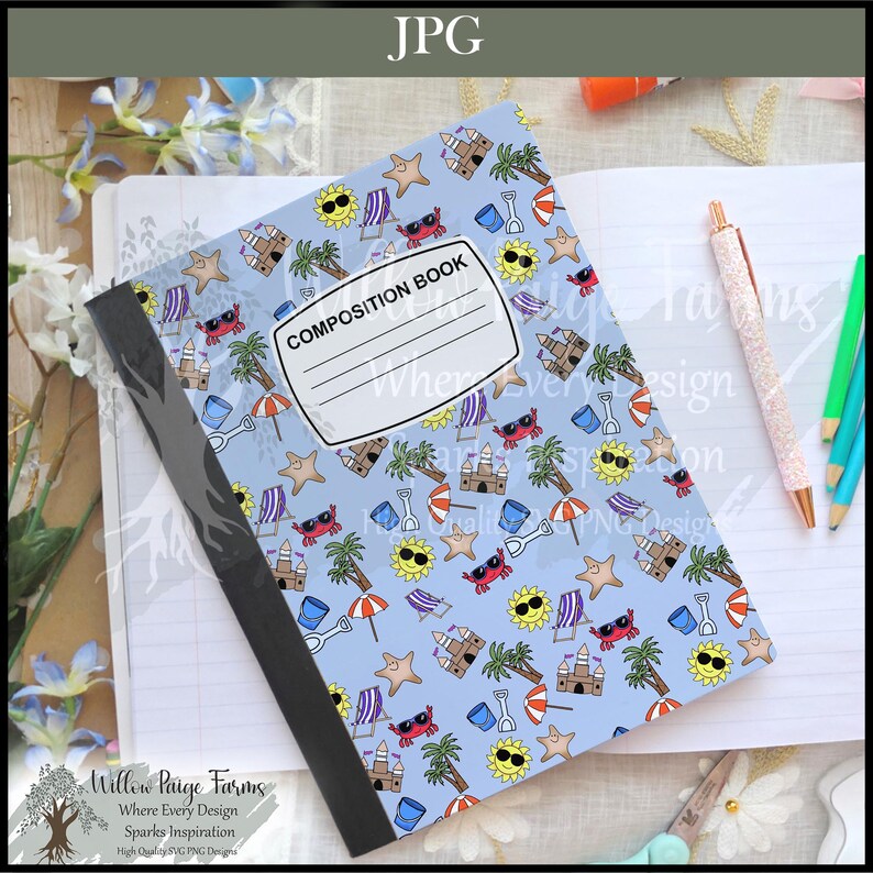 Beach Composition Notebook Cover Printable: Hand-drawn Summer Design ...