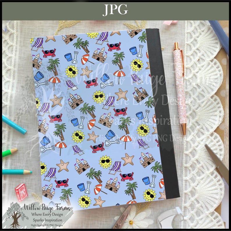 Beach Composition Notebook Cover Printable: Hand-drawn Summer Design ...