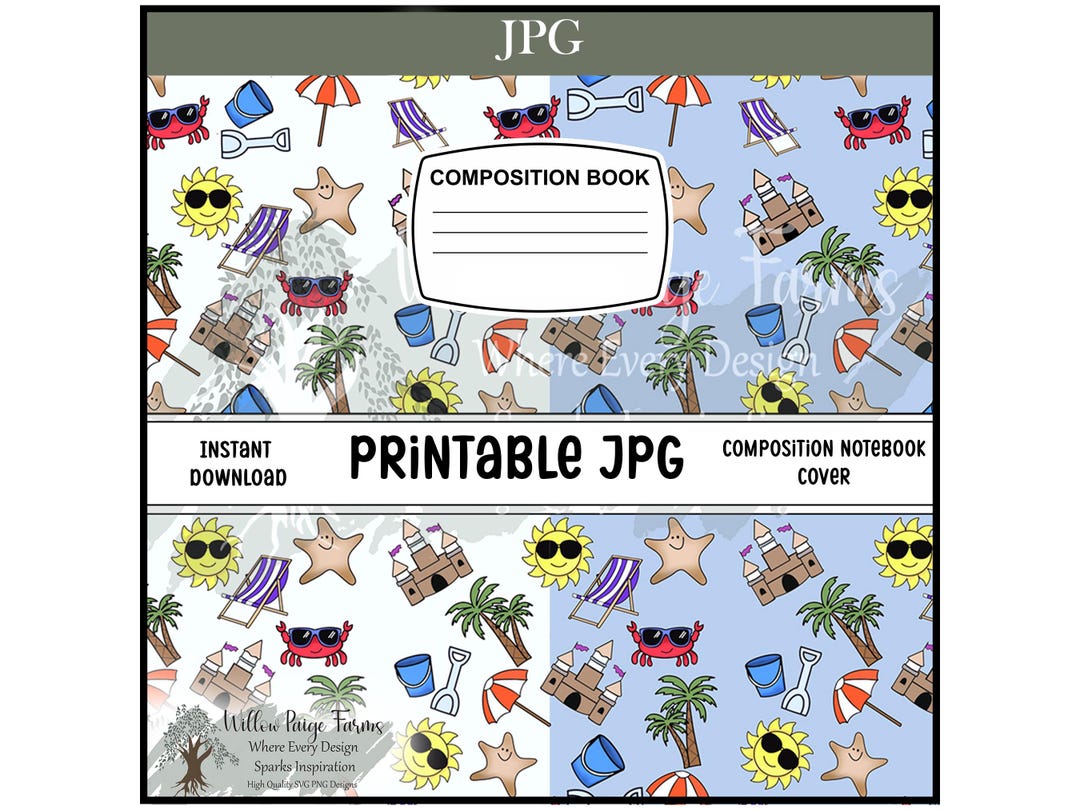 Beach Composition Notebook Cover Printable: Hand-drawn Summer Design ...
