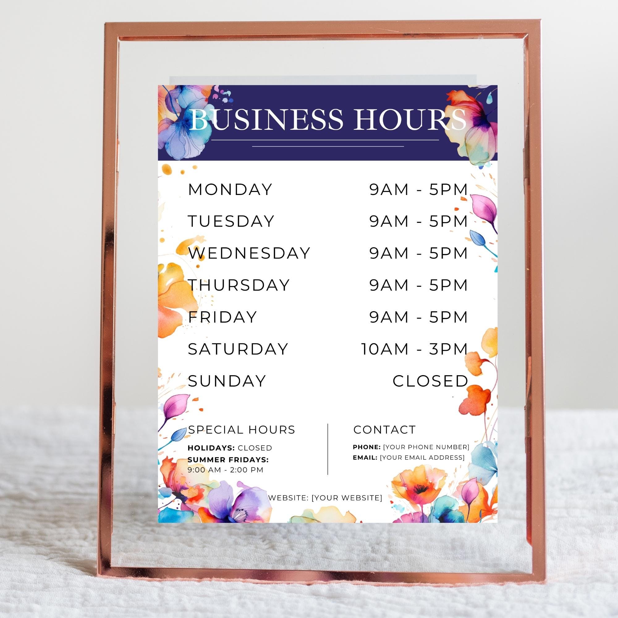 Business Hours Sign Template Printable, Floral Design, Editable in ...
