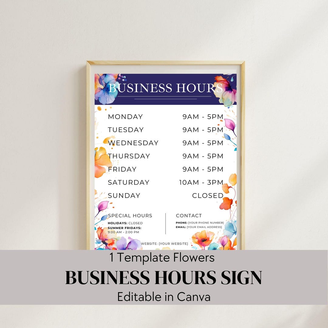 Business Hours Sign Template Printable, Floral Design, Editable in ...