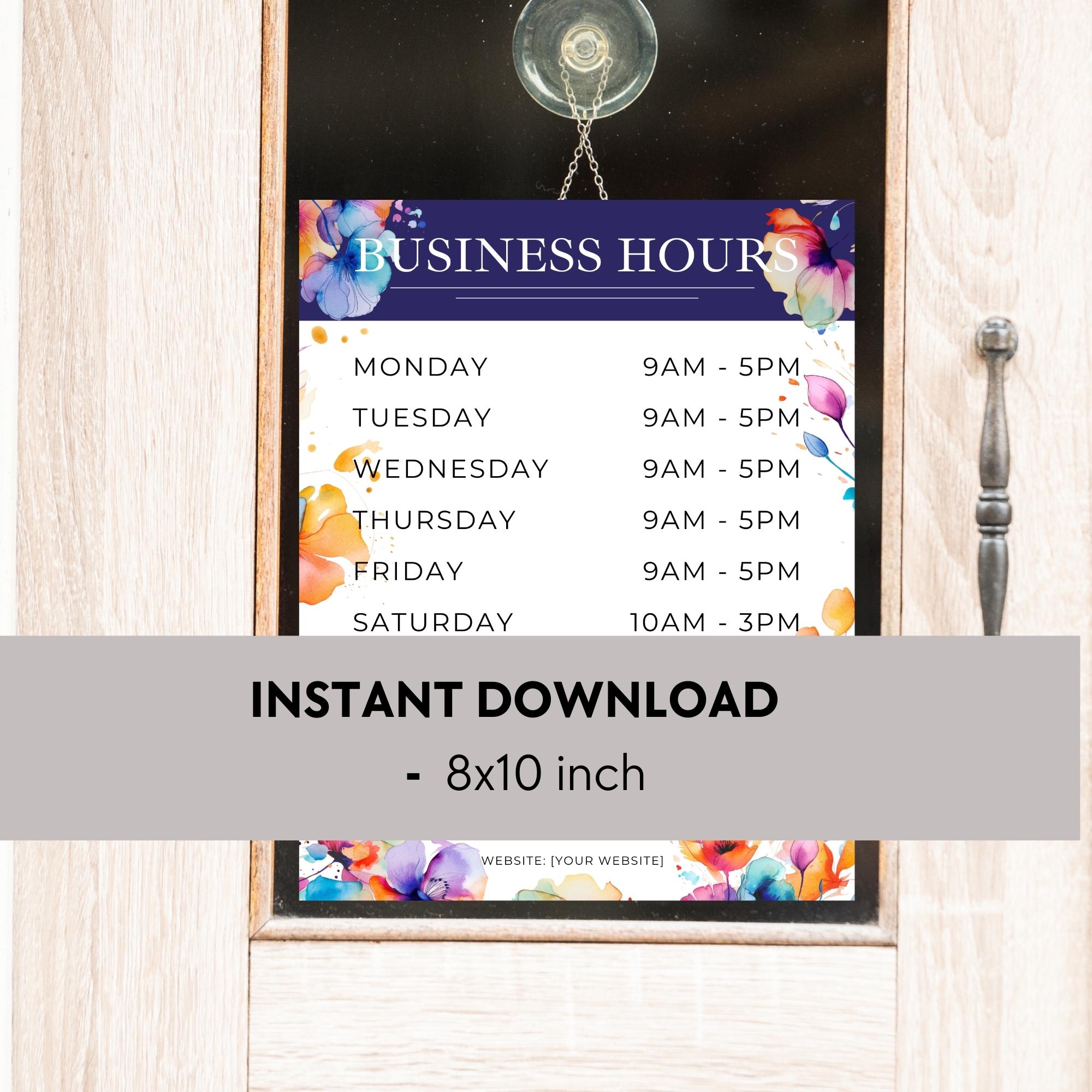 Business Hours Sign Template Printable, Floral Design, Editable in ...