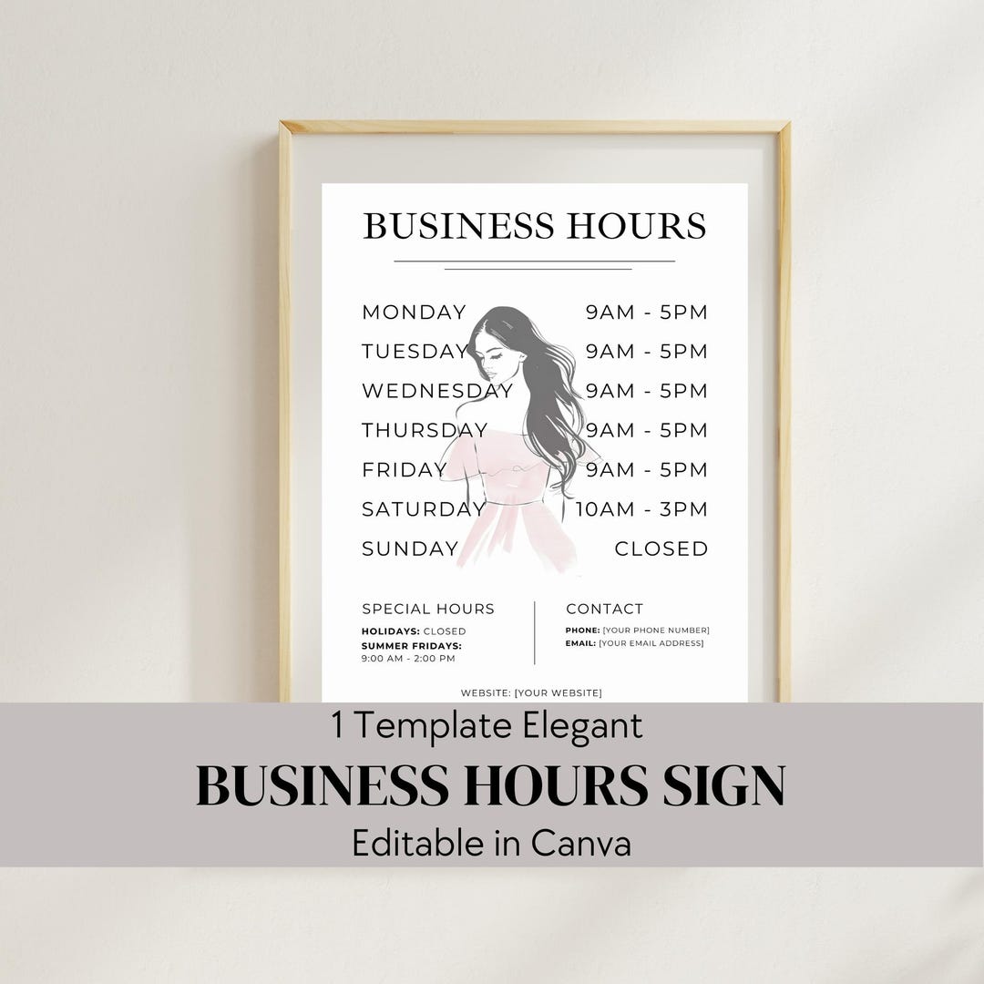 Opening Hours Sign Printable Template, Elegant Design, Editable in ...