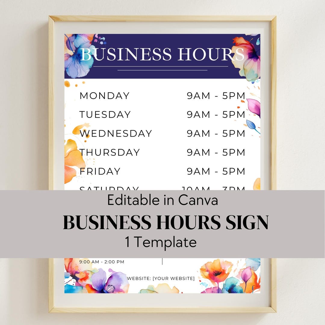 Business Hours Sign Template Printable, Floral Design, Editable in ...