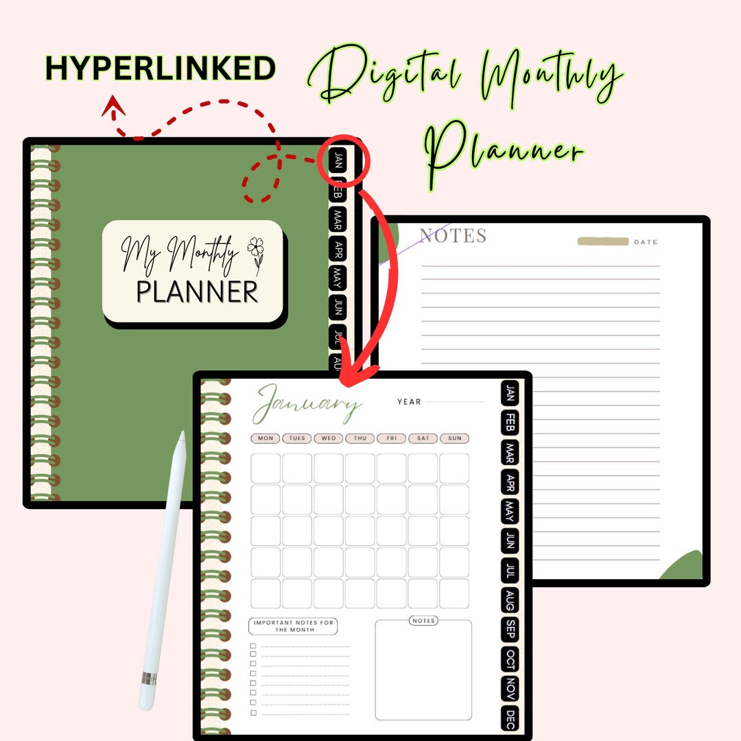 Digital Monthly Calendar, Goodnotes Monthly Planner, Lime Green ...