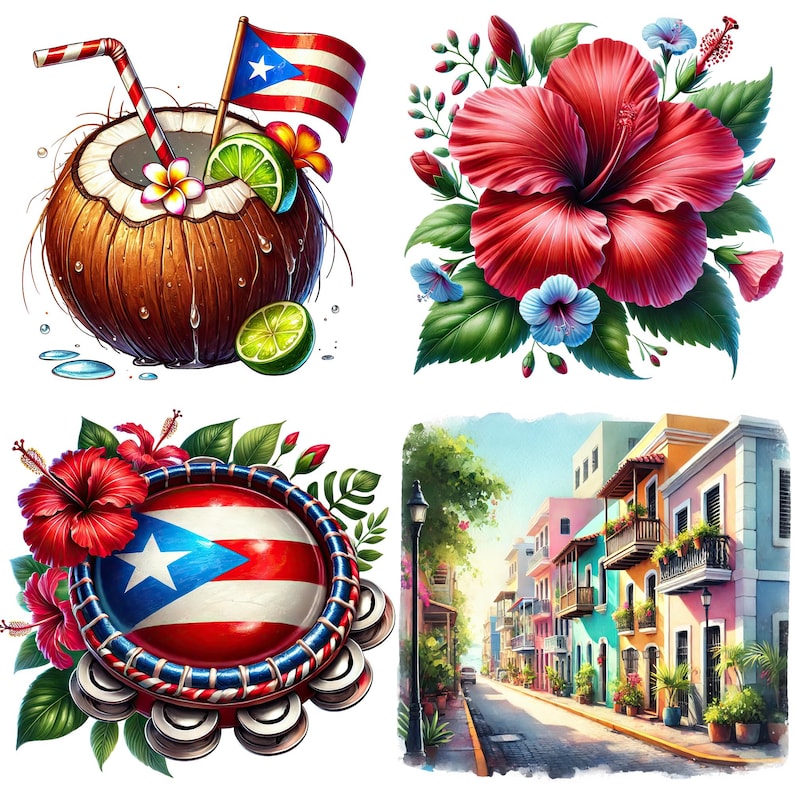 130 PNG Puerto Rico Clipart Bundle – Glossy Watercolor Illustrations of ...