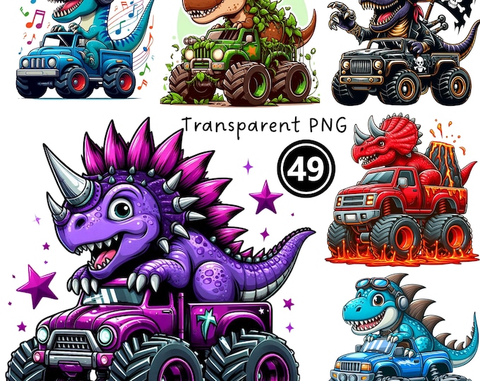 Dinosaur Monster Truck Clipart, T Rex and Dino Cars, off Road Birthday ...