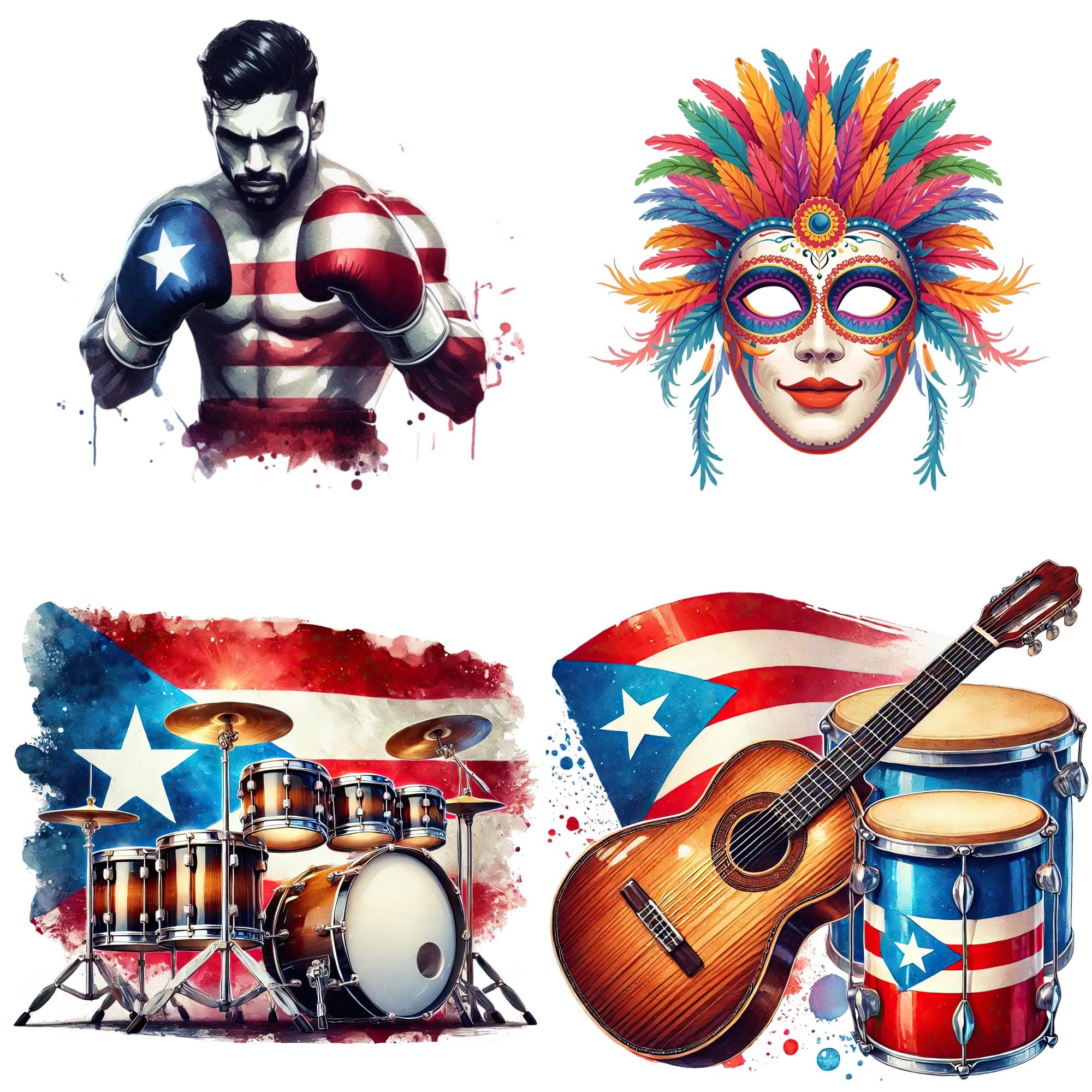 130 PNG Puerto Rico Clipart Bundle – Glossy Watercolor Illustrations of ...