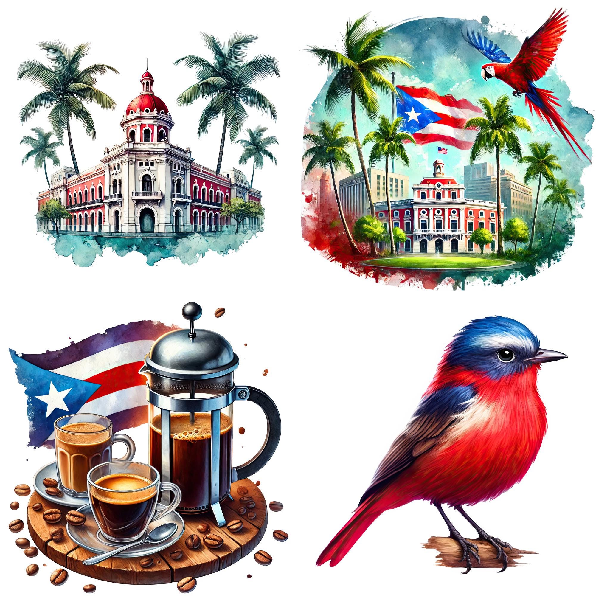 130 PNG Puerto Rico Clipart Bundle – Glossy Watercolor Illustrations of ...