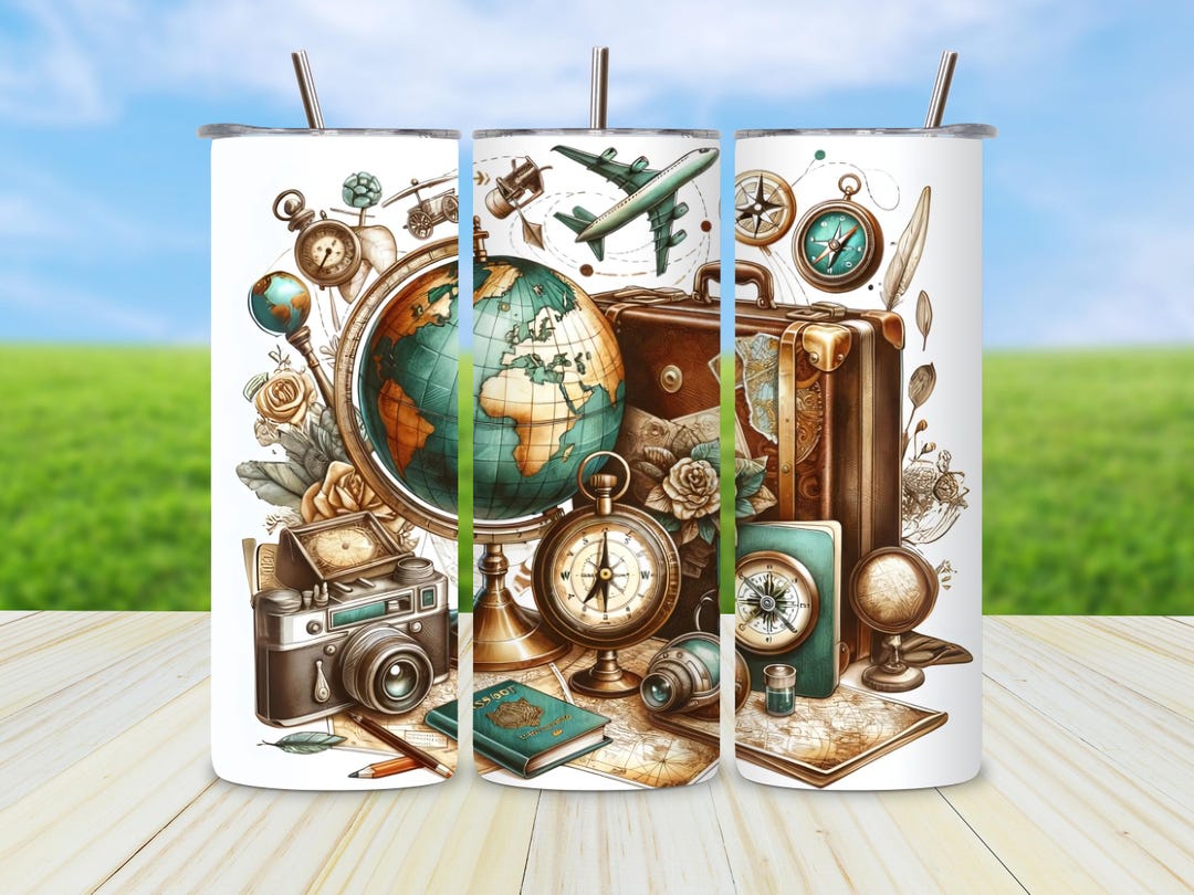 Travel Tumbler Wrap PNG, Adventure 20oz Skinny Design, Globe Compass ...