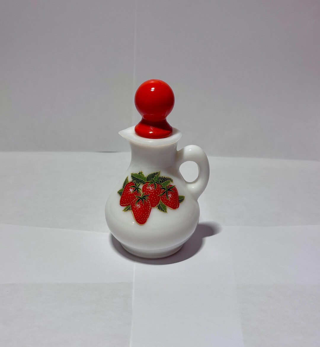 Avon Strawberries and Crean Milk Glass Mini Pitcher Bottle With a Red ...