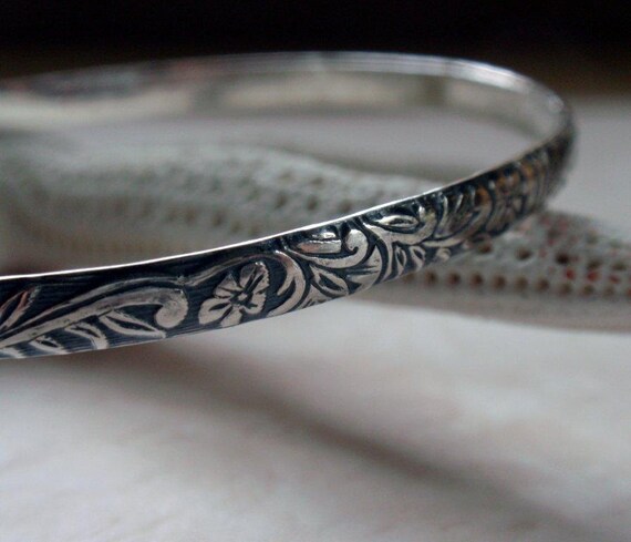 Floral Patterned Bangle Oxidized Sterling Silver Hawaiian | Etsy