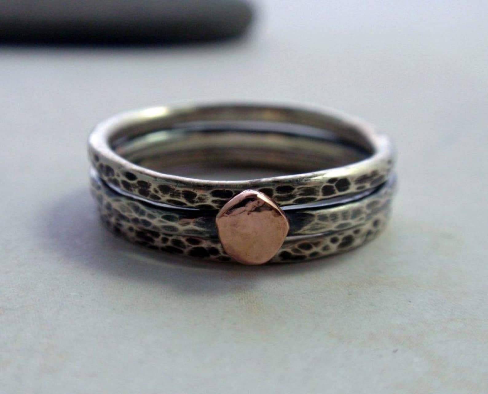 14K Rose Gold and Oxidized Sterling Silver Ring Band Hammered Stacking ...