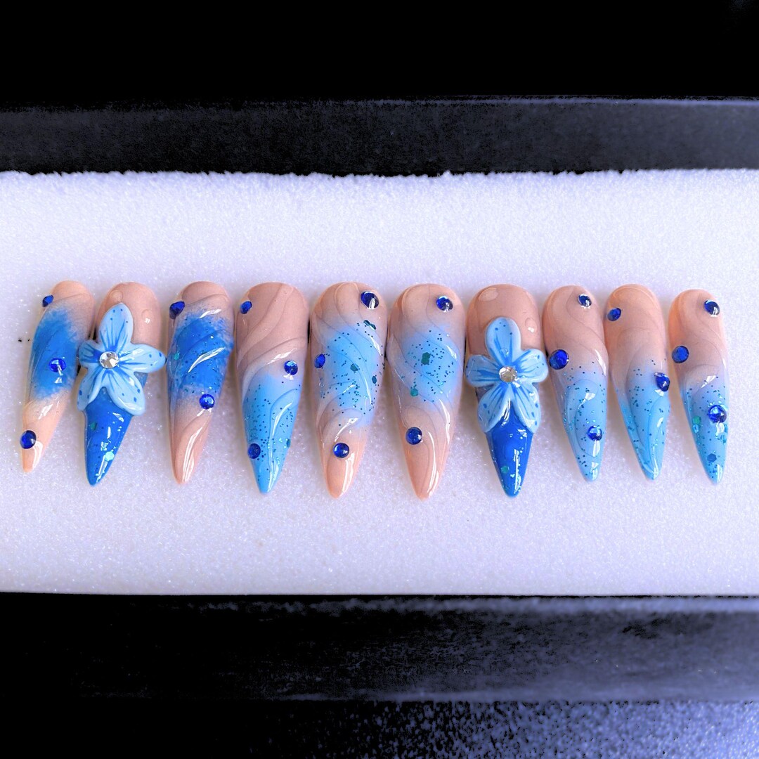 3D Gel With Light Blue Press on Nails / Ocean Blue Nails / False Nails ...