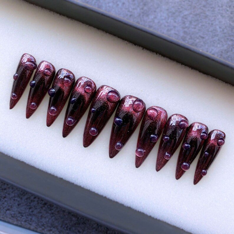 Burgundy Press on Nails / Sparkling Burgundy Press on Nails / Burgundy and Black With Cat-eye ...