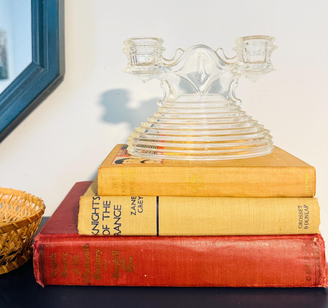L.E. Smith Depression Glass Candelabra in Art Deco “manhattan” Pattern ...