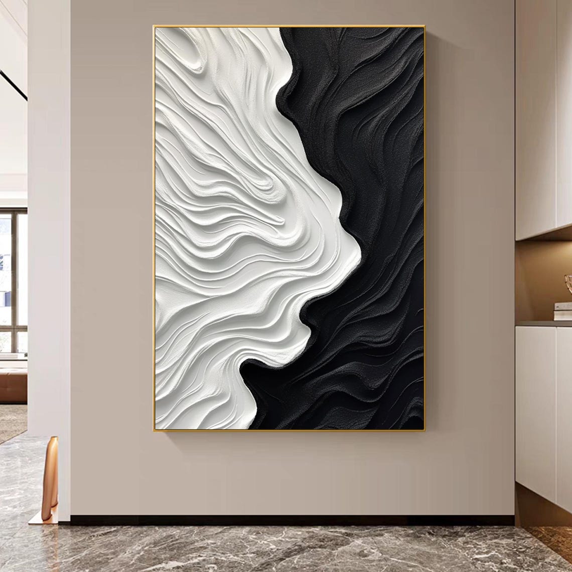 Large 3D Black and White Texture Painting,black White 3D Texture Wall ...