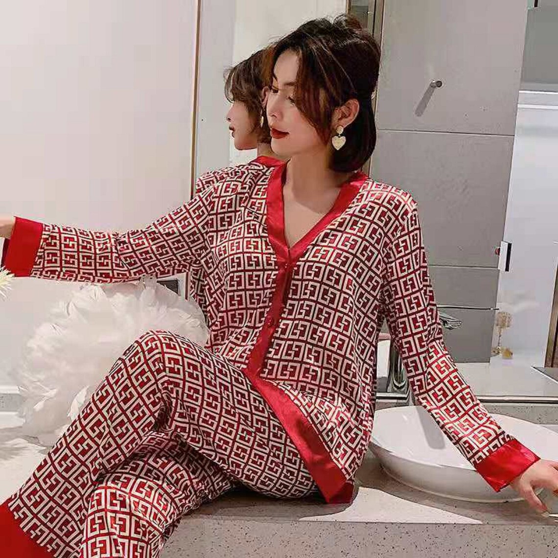 Womens Long Sleeve Silk Pajamas Set Two Piece Silk Etsy