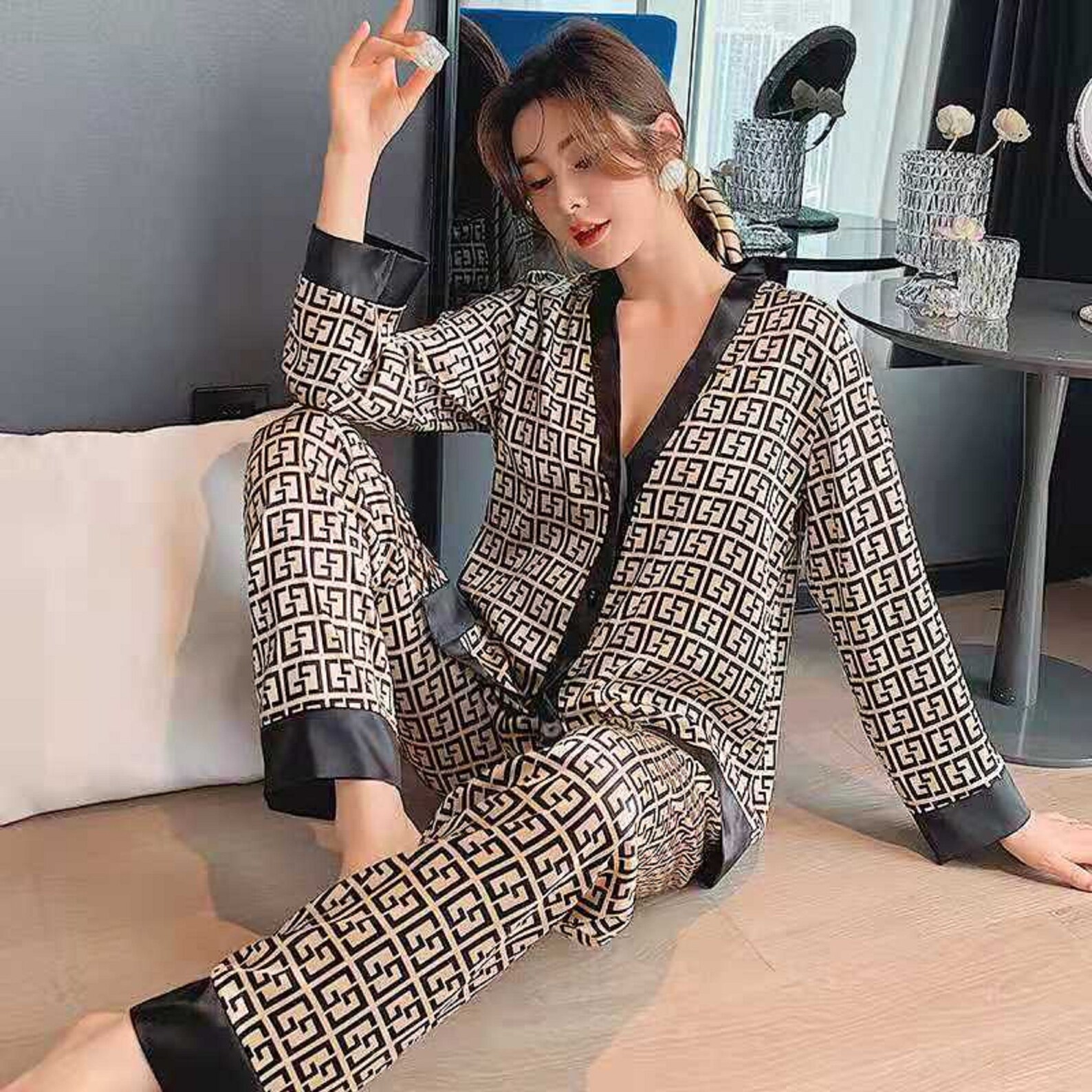 Womens Long Sleeve Silk Pajamas Set Two Piece Silk Etsy