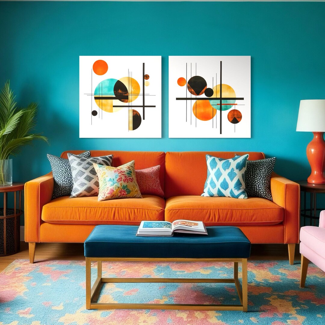 Canvas Wall Art diptych Set Retro MCM Abstract Linear Mid Century ...