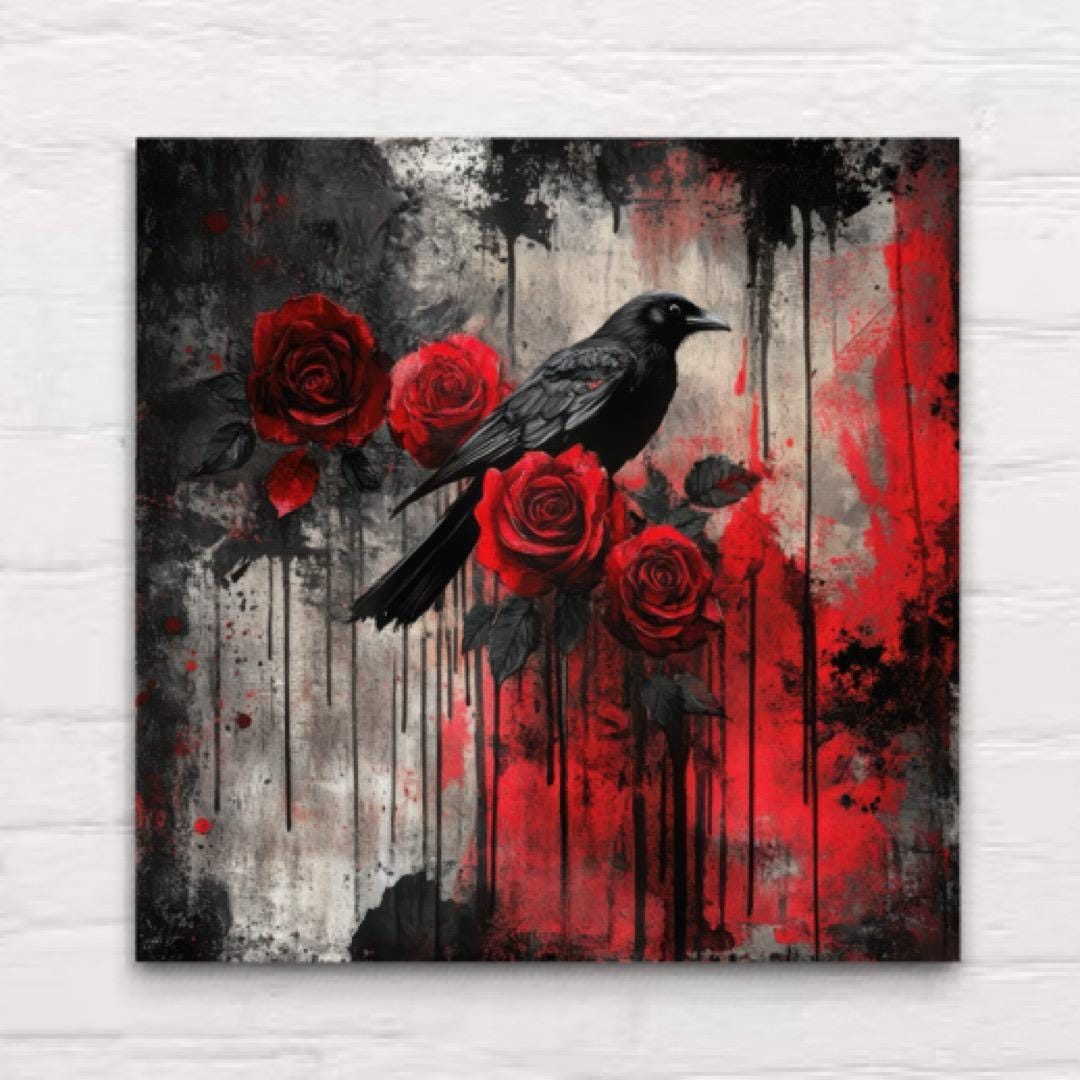 Gothic Raven and Roses Canvas Art | Dark Raven Wall Decor, Blood Red ...