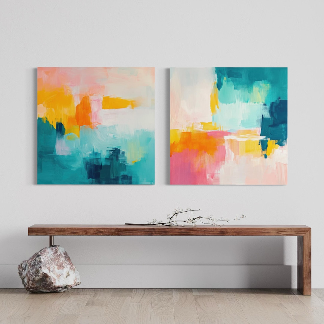 Canvas Wall Art (diptych Set) Abstract Painting Brush Stroke Vivid ...