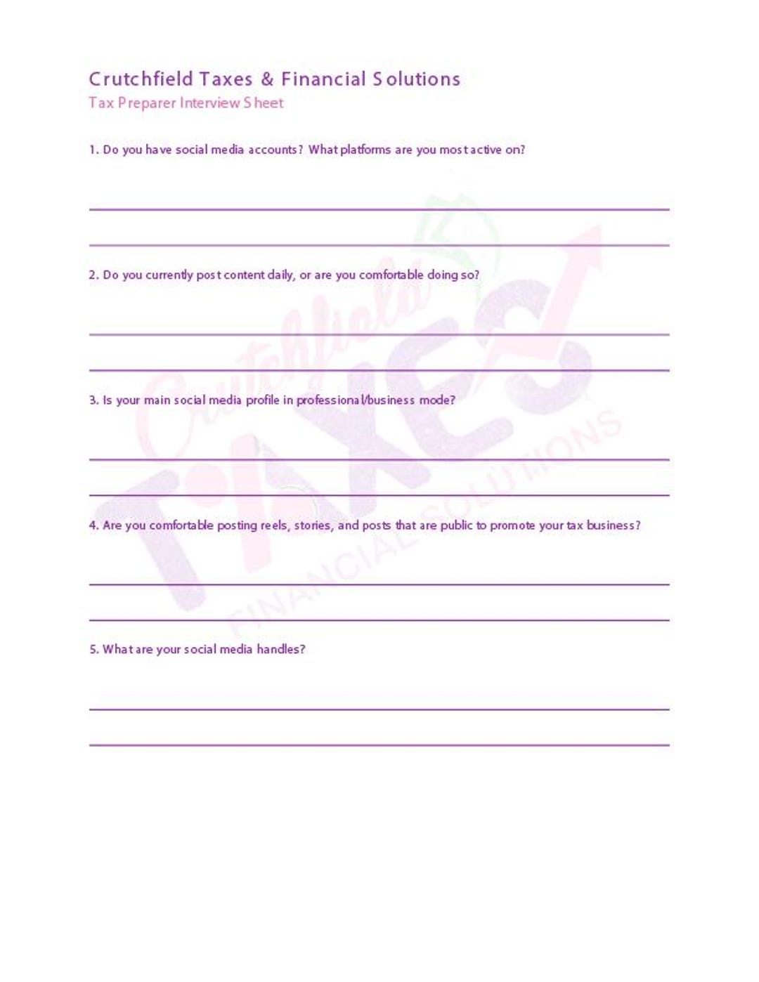 Complete Tax Preparer Interview Sheet - Etsy