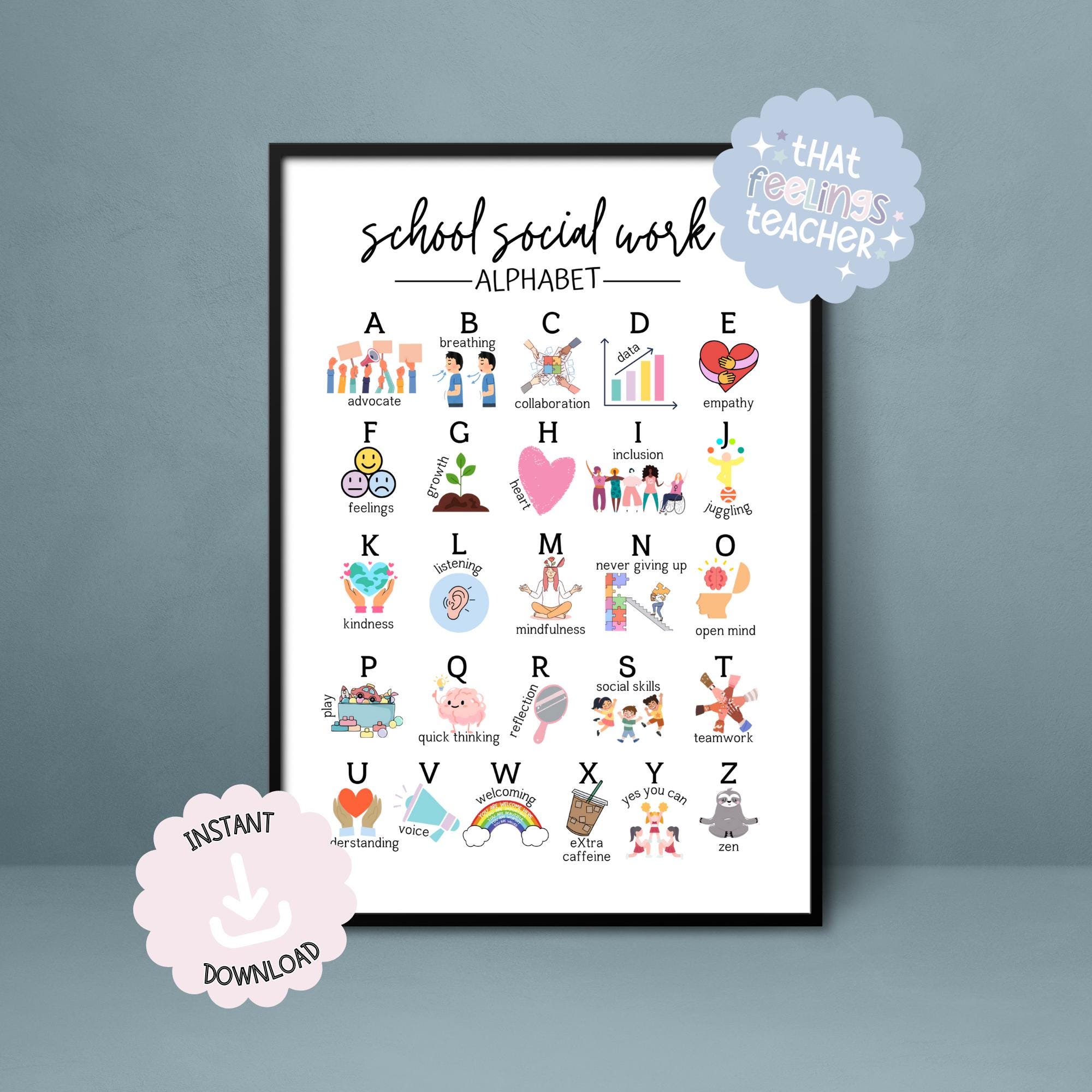School Social Work Alphabet Poster, Mental Health Decor (digital ...