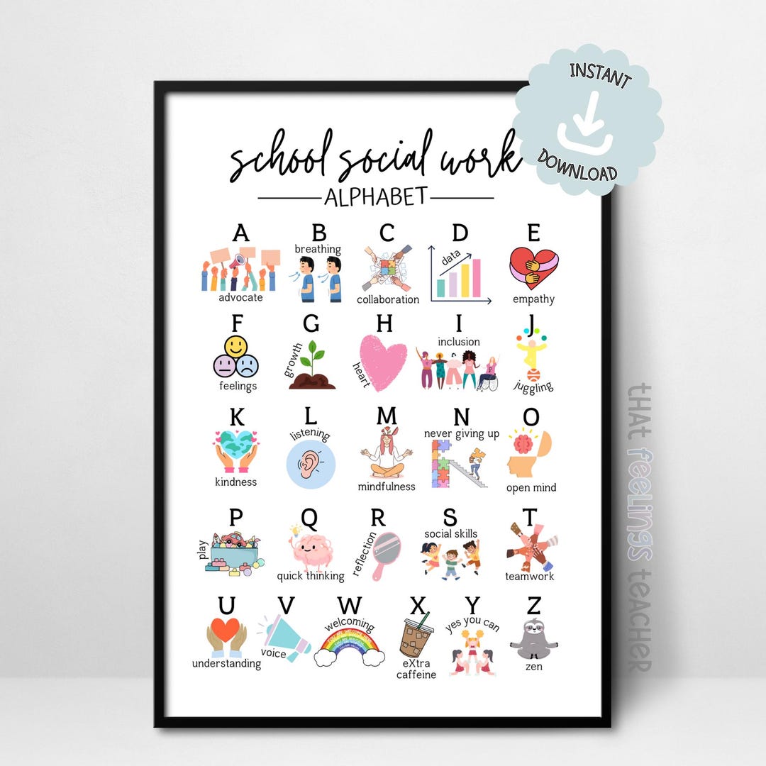 School Social Work A-Z Poster, Therapist Office, Social Work Office ...