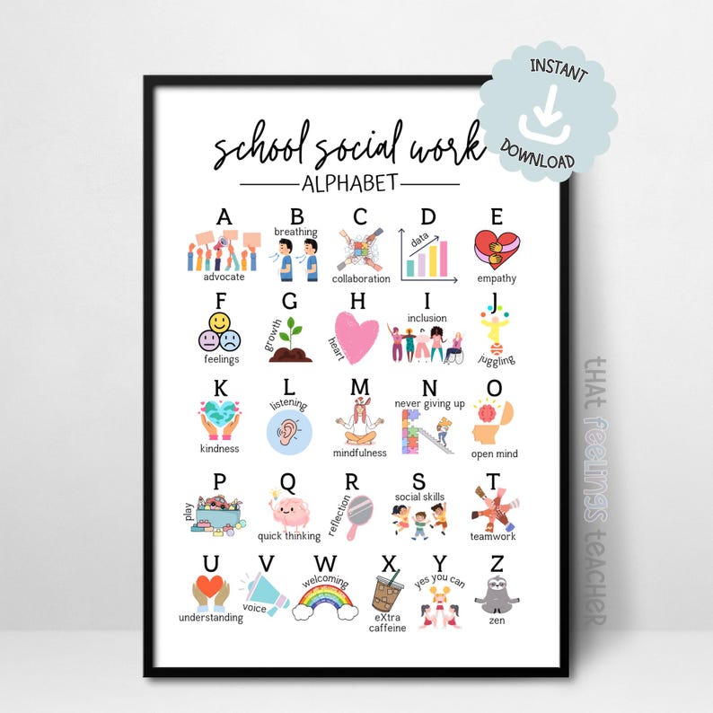 School Social Work A-Z Poster, Therapist Office, Social Work Office ...