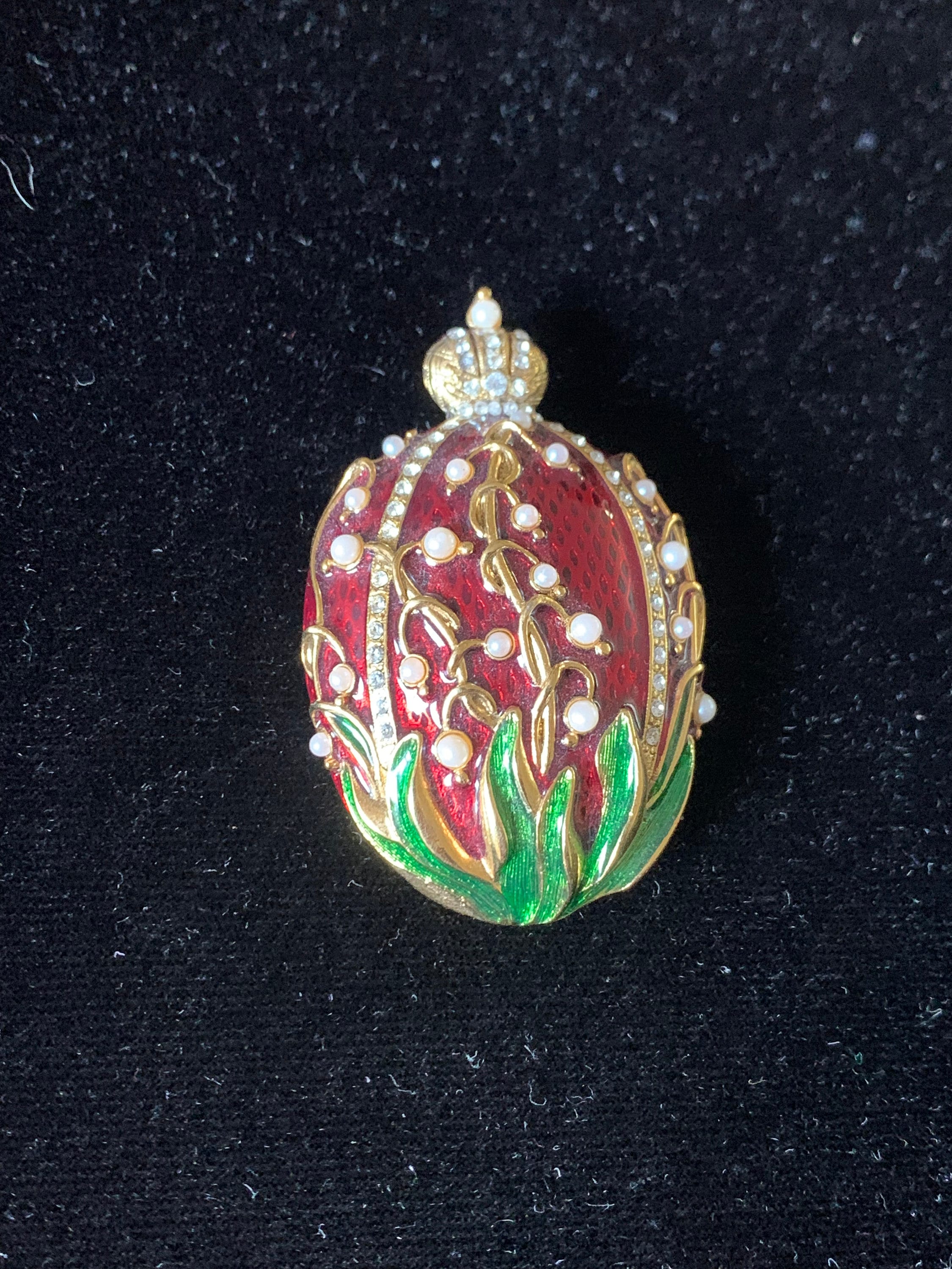 KDRCollectibles Faberge Egg Brooch Reproduction from Metropolitan Museum Art MMA Collection Red Enamel Lily of The Valley