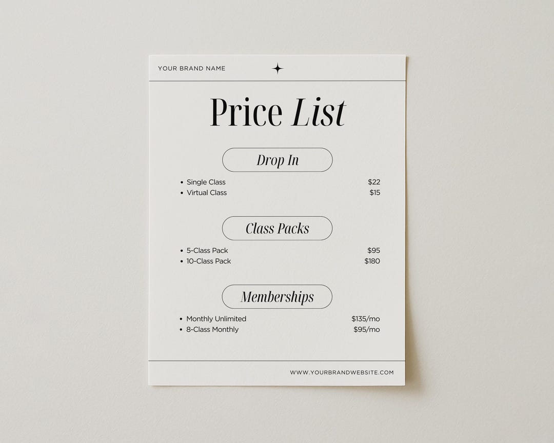 Yoga Studio Price List Template | Wellness Pricing Sheet | Editable ...