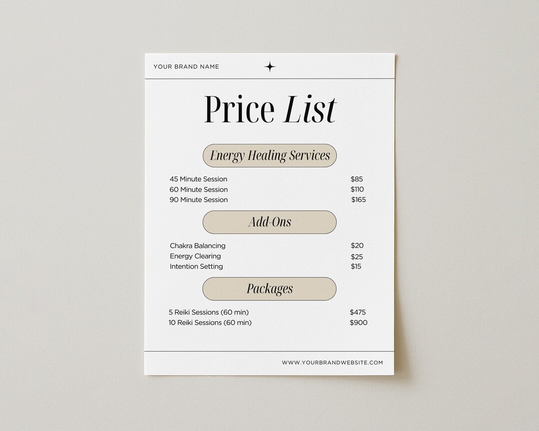 Energy Healing Price List Template | Reiki Price List | Editable ...