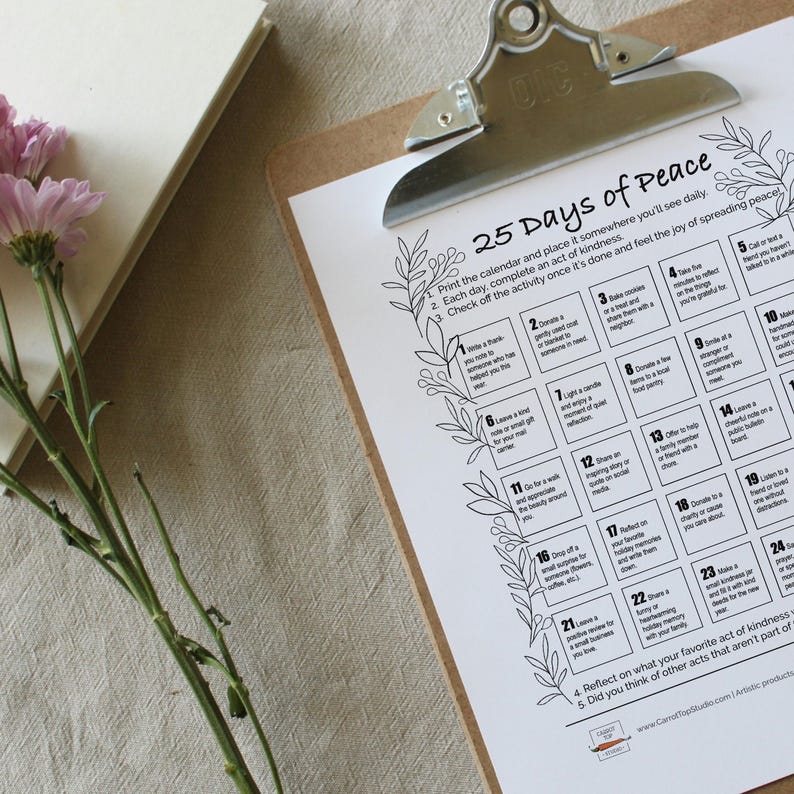 Coloring Page/worksheet - 25 Days of Peace: A Kindness Calendar - Etsy
