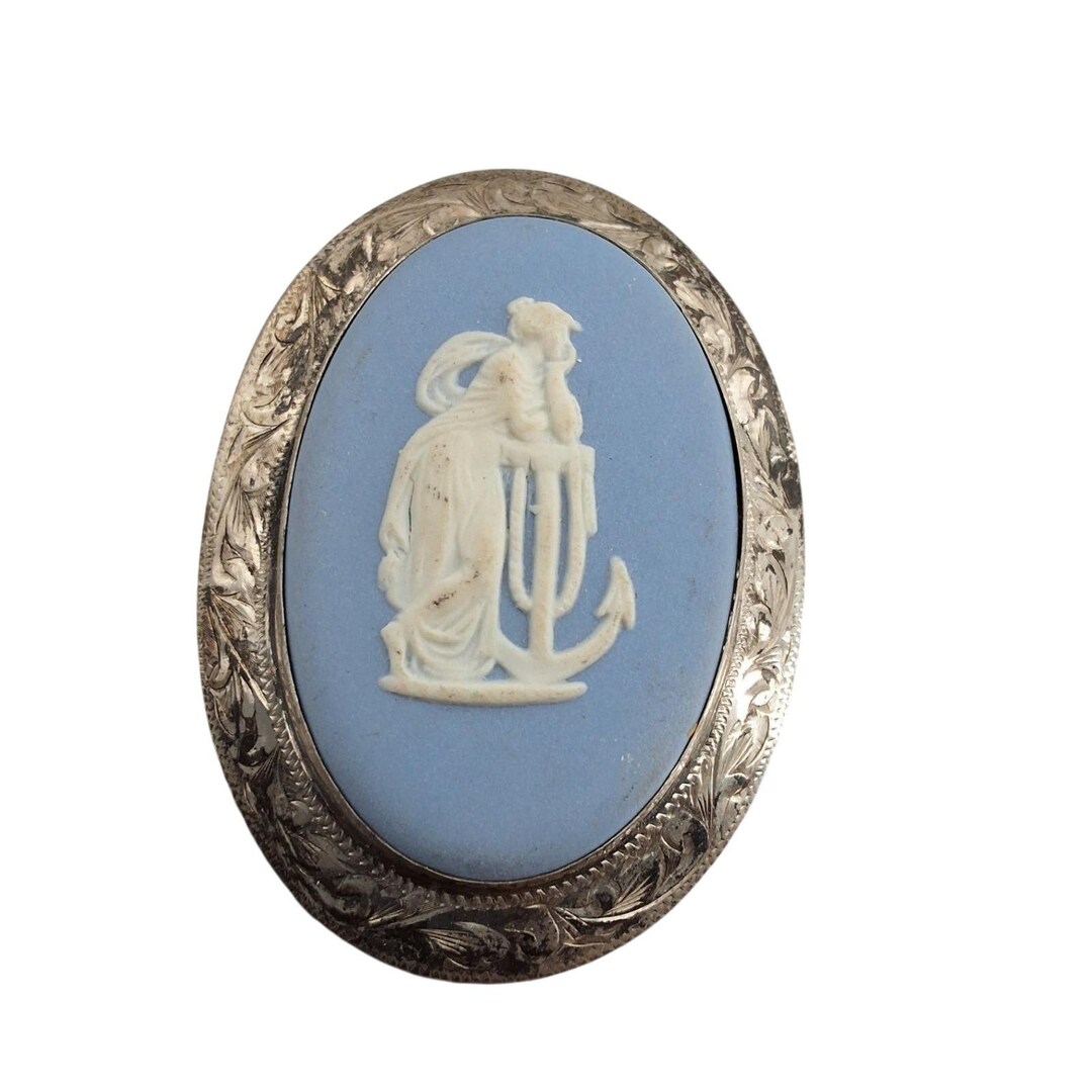 Wedgwood Blue Jasperware Cameo Brooch Pin Silver Setting Vintage ...
