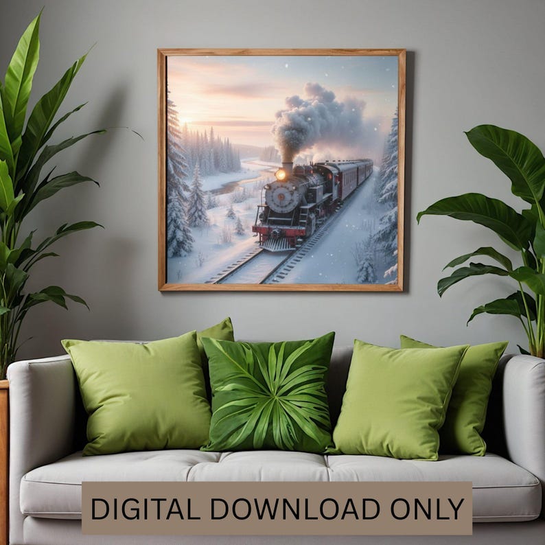 Snowy Railroad Art, Vintage Steam Train Landscape, Winter Scene Decor ...