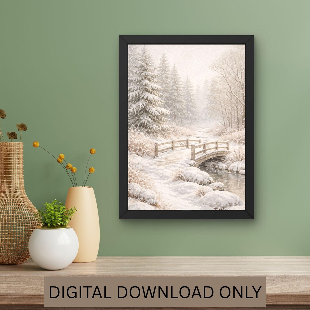Homey Wall Decor Snowy Footbridge Watercolor Printable, Winter Forest ...