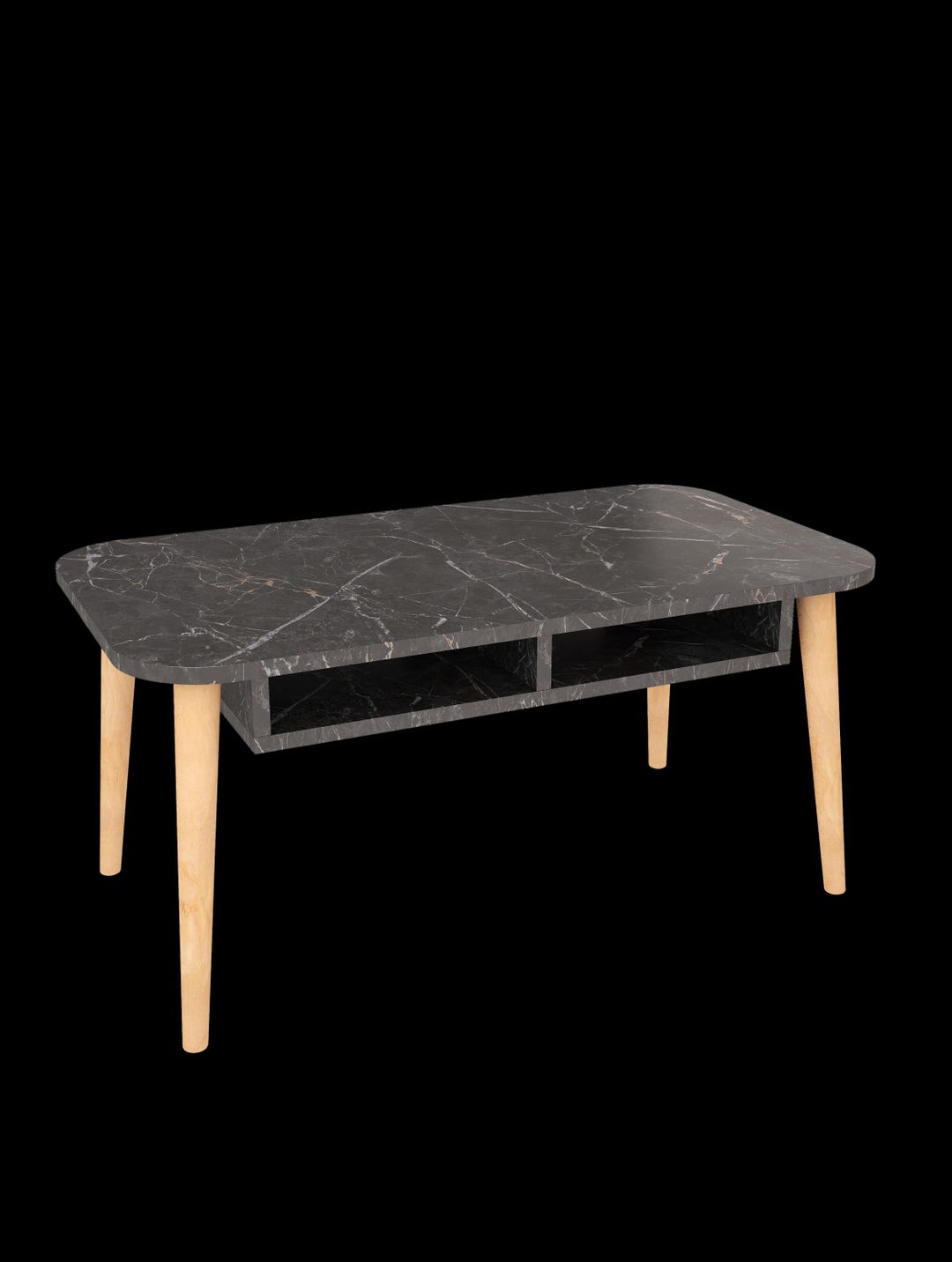 Aura Coffee Table With Magazine Holder Modern Black Marble Accent Table With Wooden Legs and ...