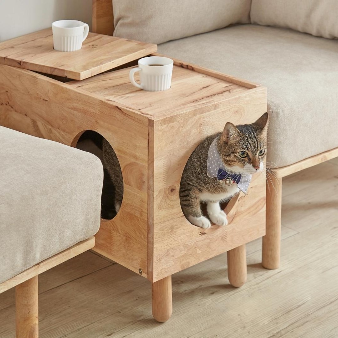 Pratico Birch Wood Cat House, Wooden Cat Coffee Table, Modern Cat House ...